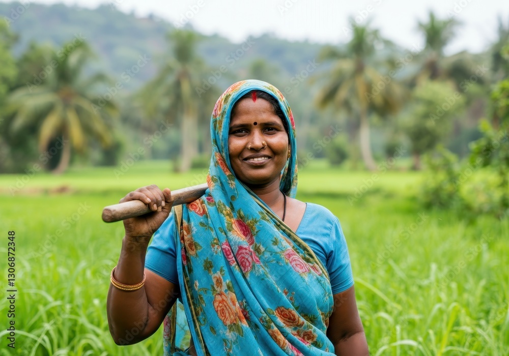 Indian female farmer carrying agricultural tool over shoulder, standing ...