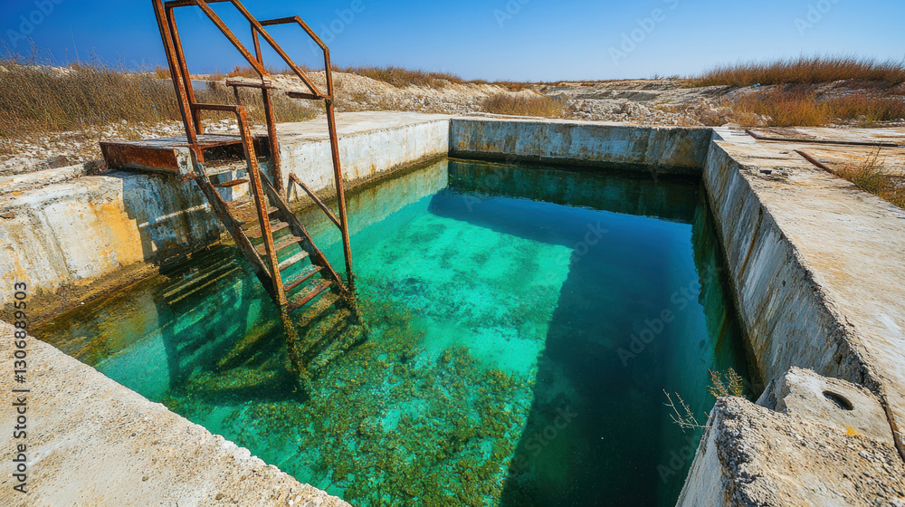 Wastewater treatment pond, A concrete-lined wastewater lagoon image ...