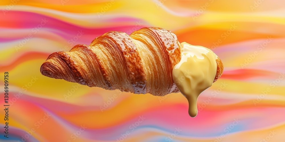 Flying croissant with butter melting on a bold pop-art style colorful ...
