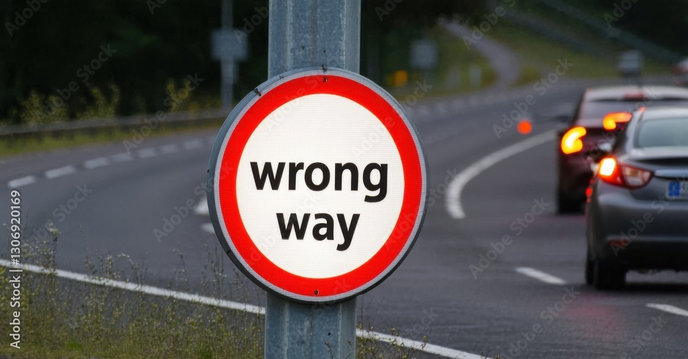 Red bordered white circular wrong way sign bold capitalized letters ...