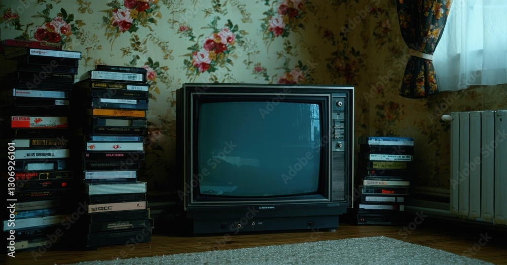 Vintage crt television blank static screen glowing faintly dimly lit ...