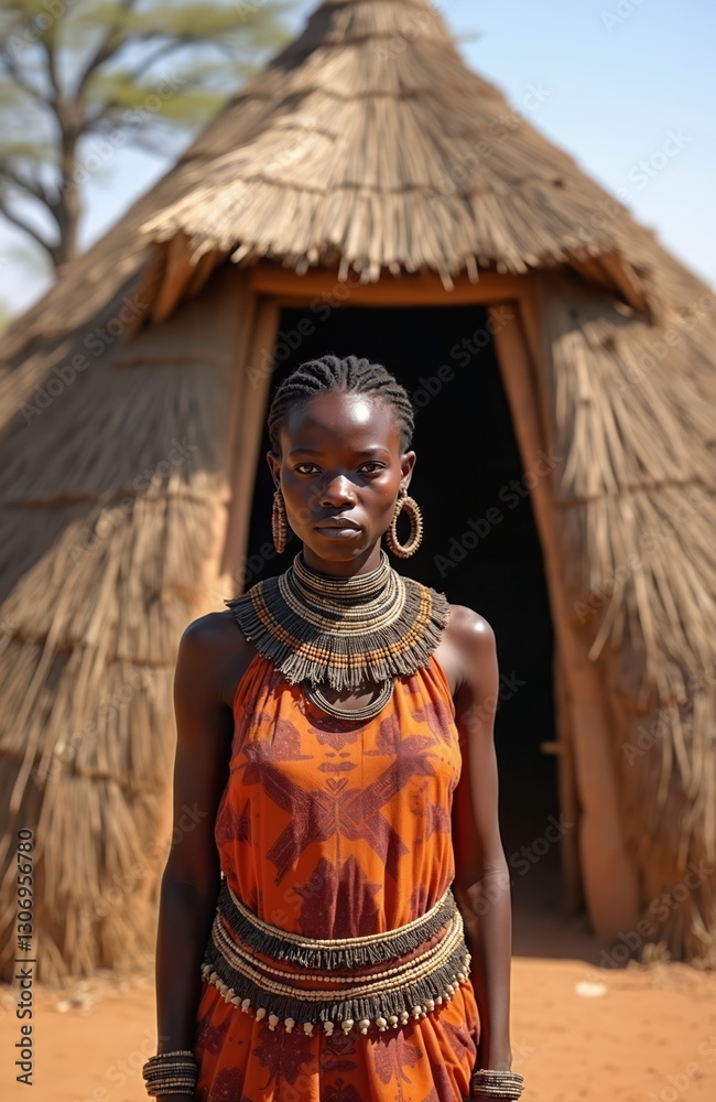Himba woman stands near traditional hut in Namibia. Tribal african ...