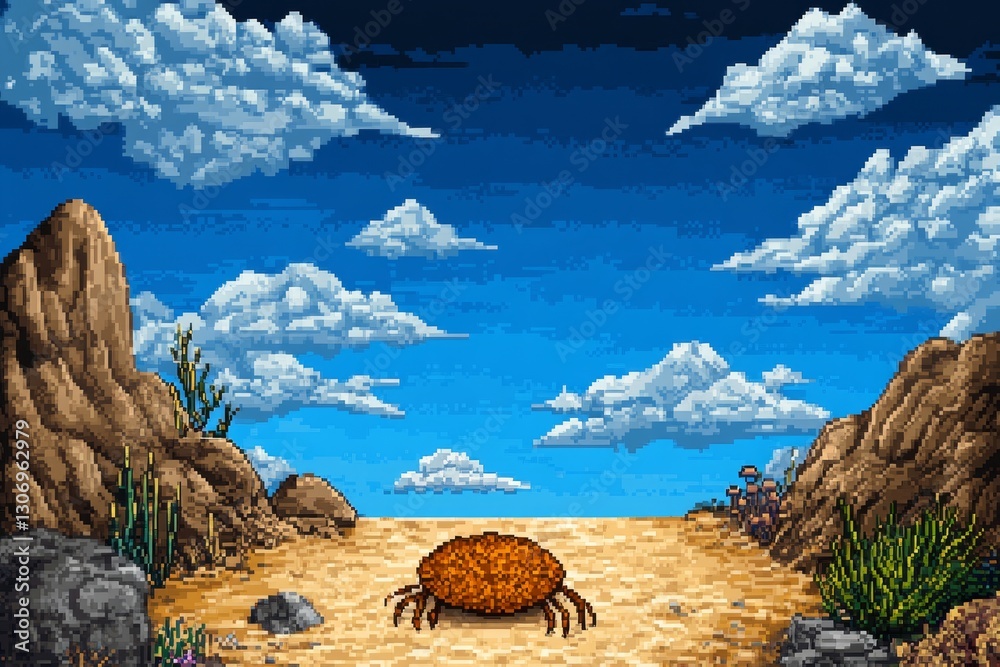 A pixel-art animated horseshoe crab (Arthropoda) scuttling along a ...