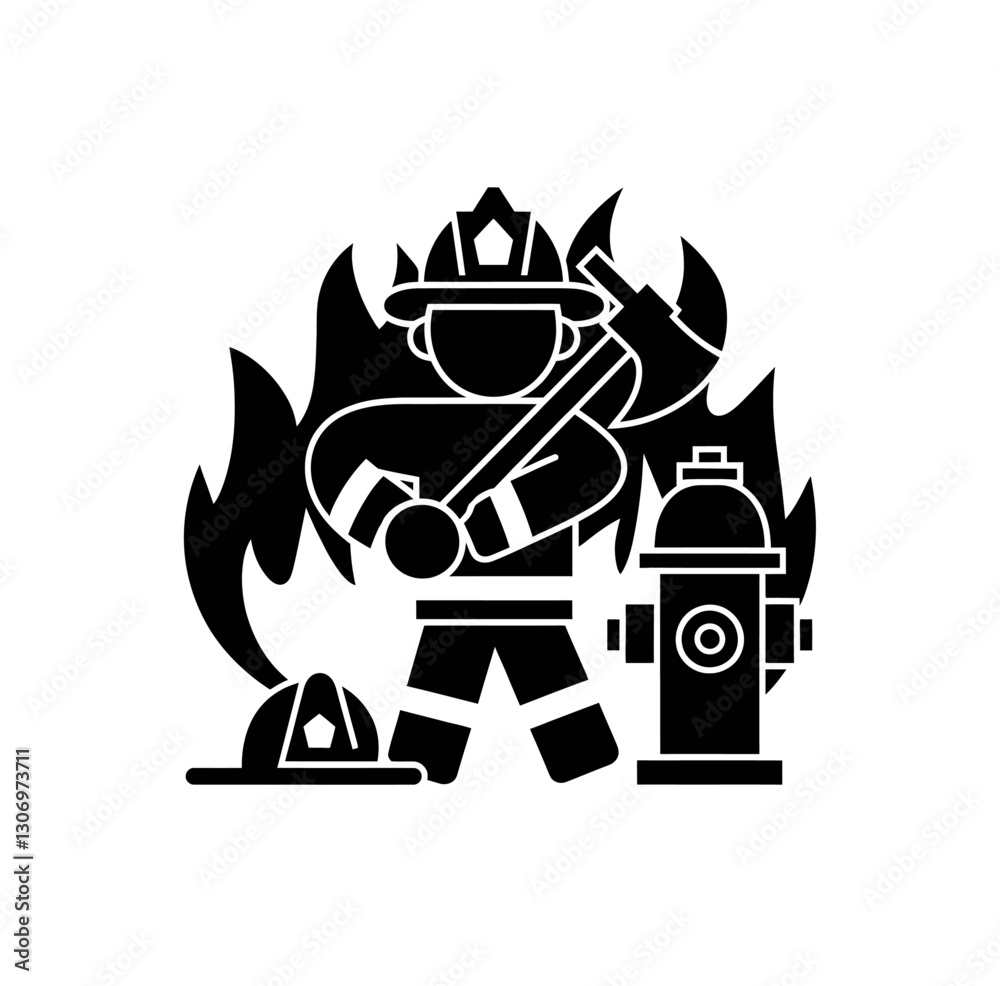 Firefighter and fire hydrant icon vector in black color with white ...