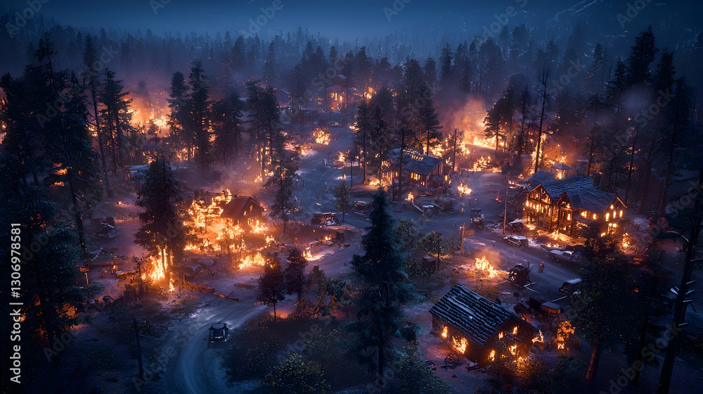 Nighttime forest village fire aerial view; burning homes, smoke ...
