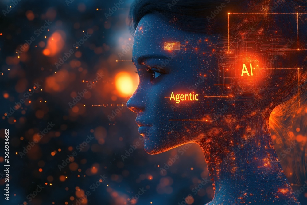 Agentic AI Futuristic Interface Humanoid Profile with Glowing Circuitry ...