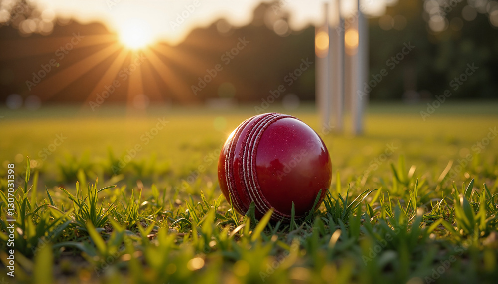 Close-up of a red cricket ball on a lush green grass field during a ...