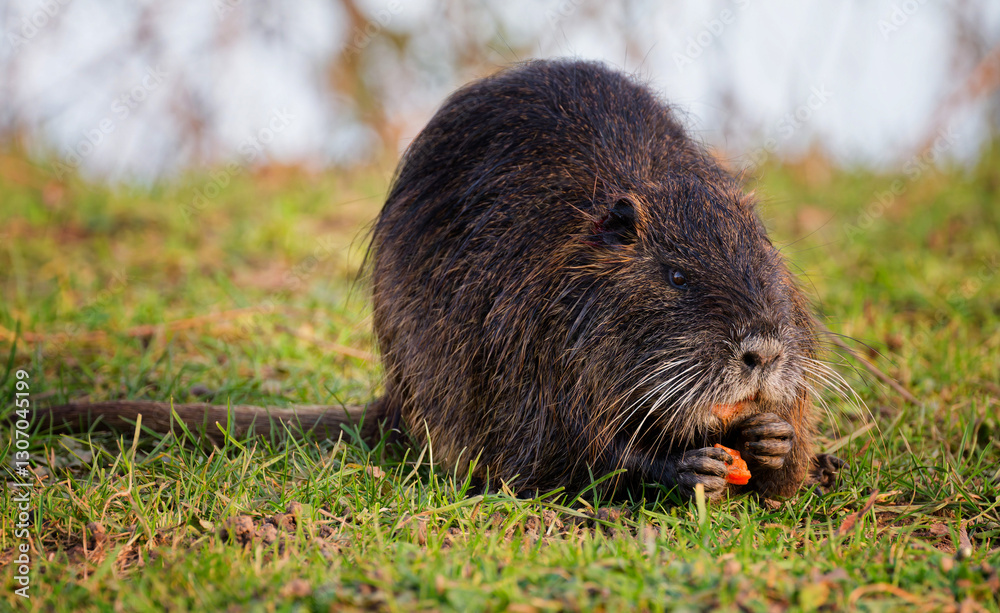 The nutria is an invasive species living along rivers in Germany in ...