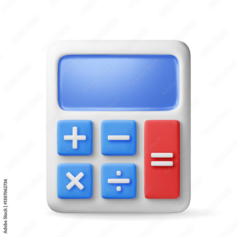 3D modern calculator isolated on white. Render mathematics icon. Addition, subtraction ...