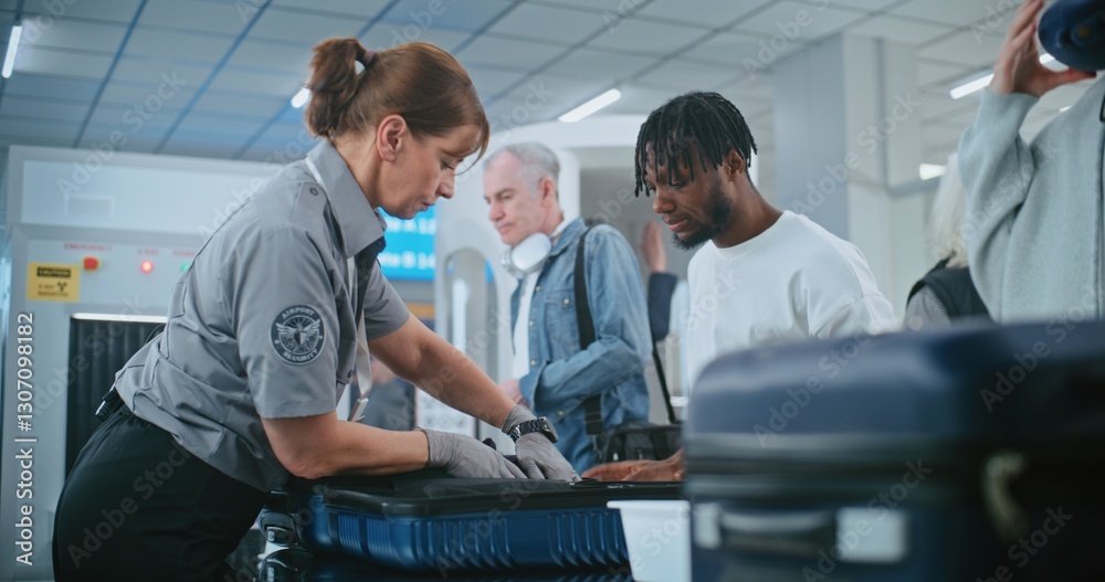 Security Checkpoint in Airport Terminal: Female TSA Worker Inspecting ...