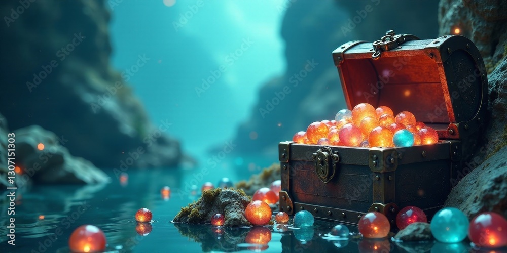 Enchanted Cove A Treasure Chest Overflowing with Luminescent Spheres in ...