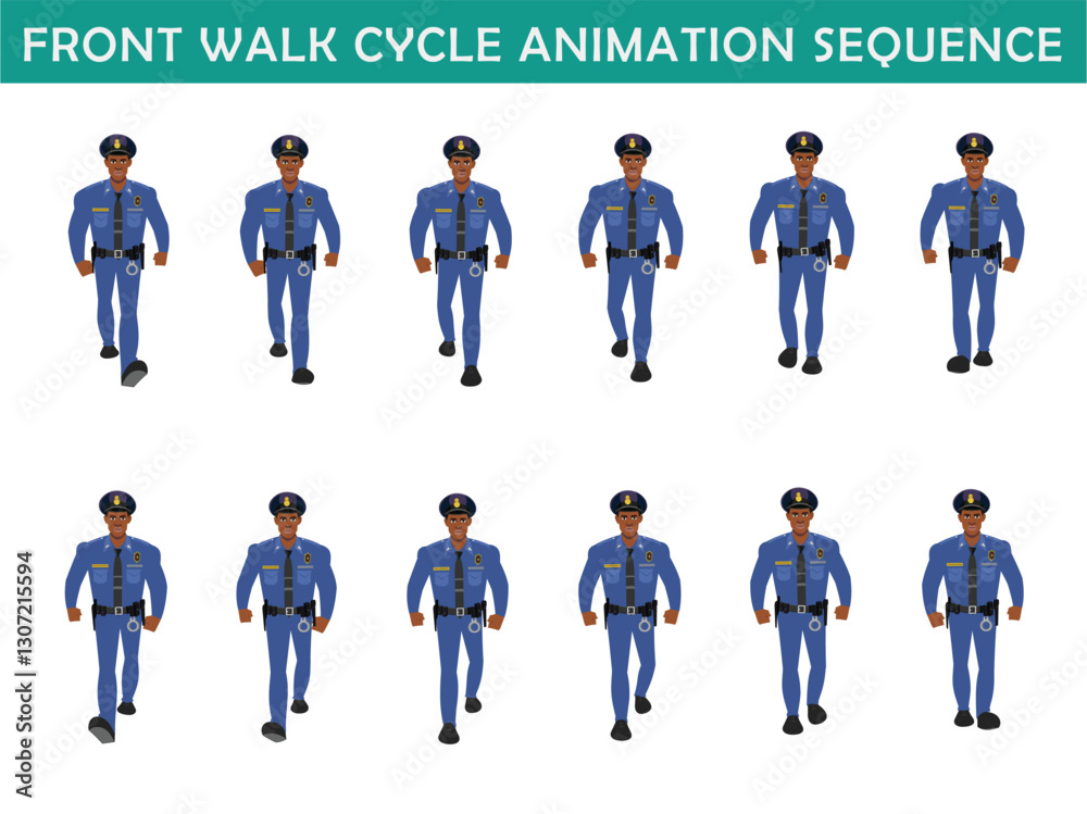 Police Officer Character walk cycle animation sequence. Front walk frame by frame animation ...