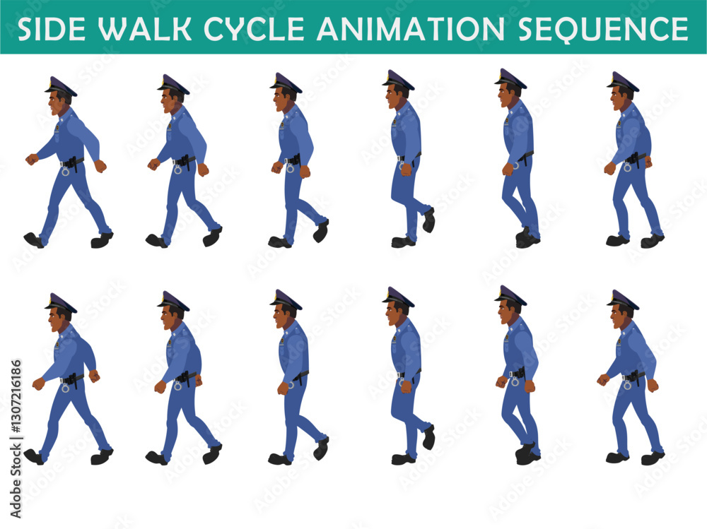 Police Officer Character walk cycle animation sequence. Front walk frame by frame animation ...