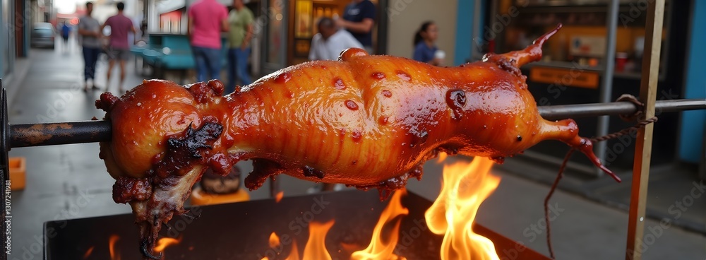Whole roast pig on spit over open flame in outdoor market setting ...