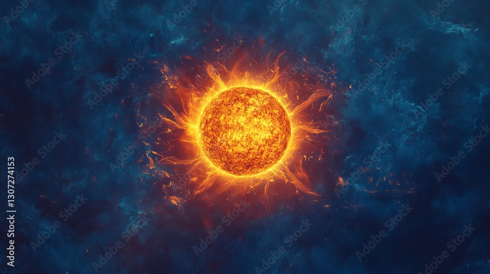 sun, top view, indigo solid background, radiant sun with intense light ...