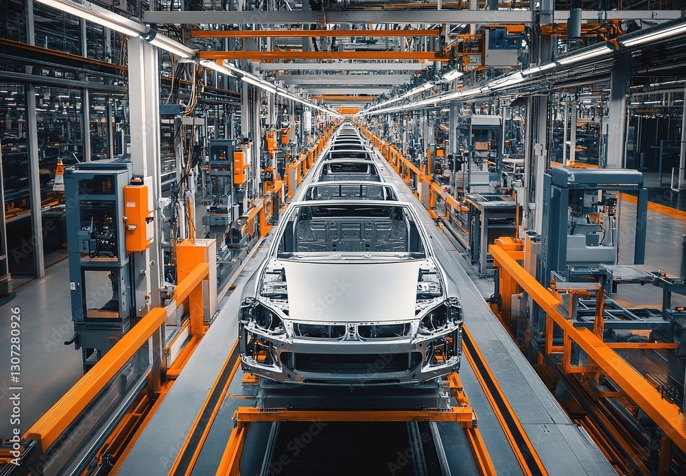 Car production line with cars on the assembly belt, car factory ...
