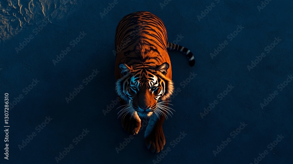 tiger, top view, indigo solid background, dark, rich tones with subtle ...