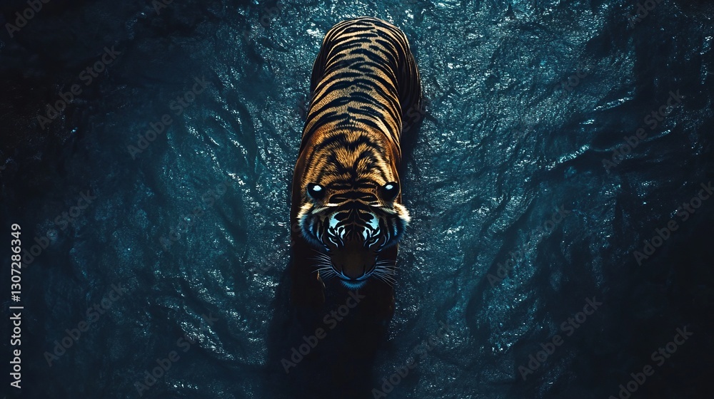 tiger, top view, indigo solid background, dark, rich tones with subtle ...
