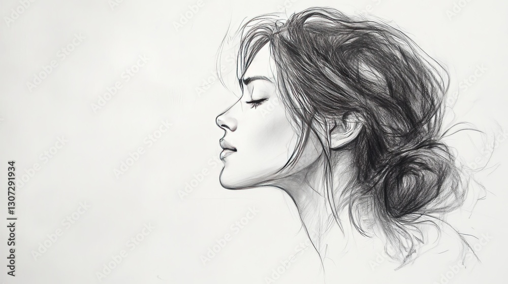 woman, pencil sketch, side view, white background, flowing hair and ...