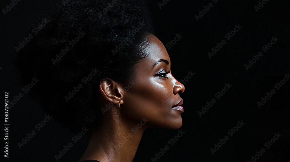 woman, side view, black solid background, high contrast lighting, sharp ...