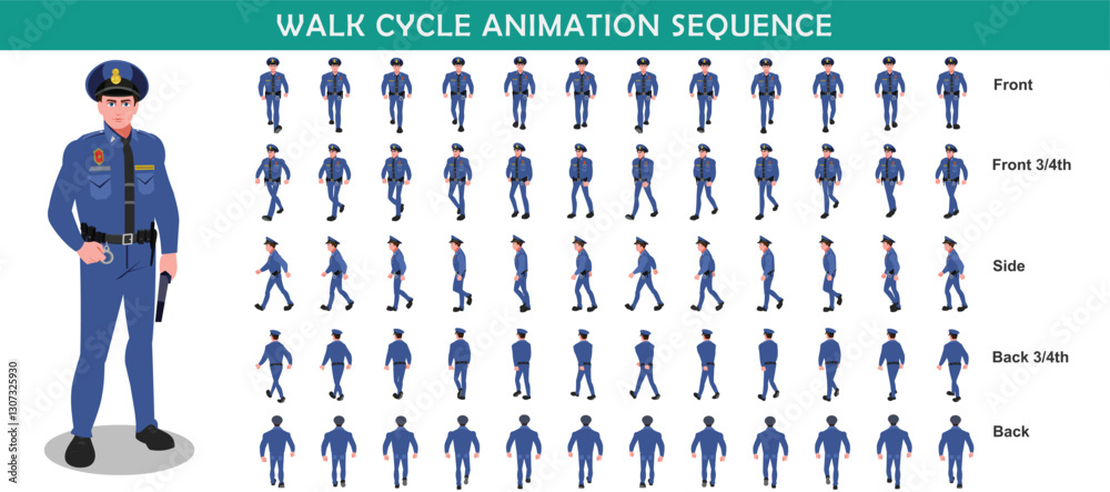 Police Officer Character walk cycle animation sequence. Front walk frame by frame animation ...
