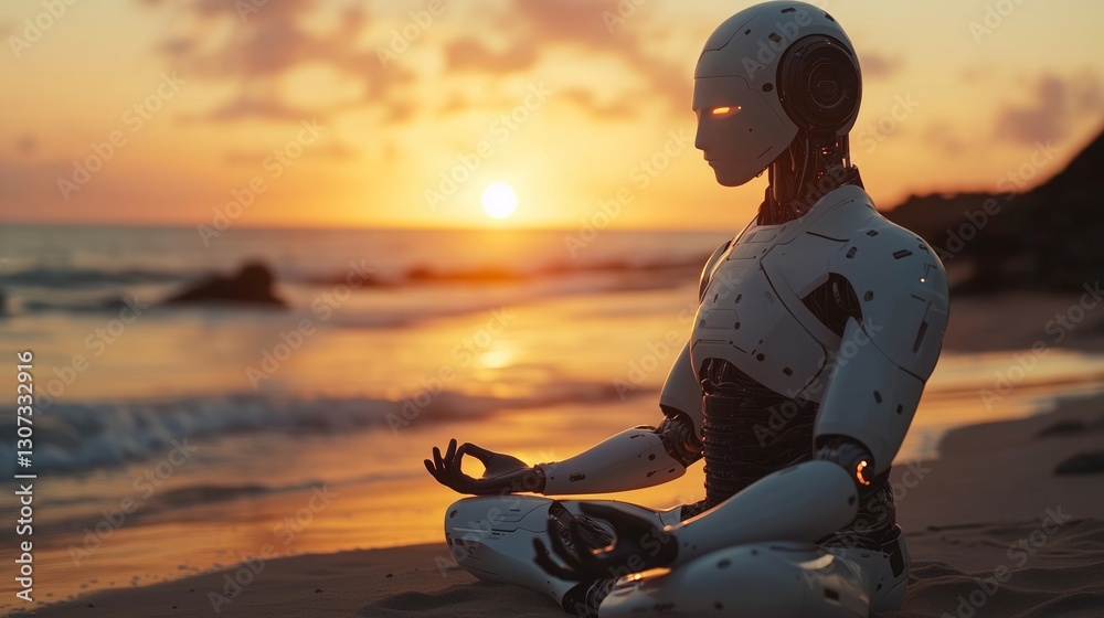 Futuristic humanoid robot meditating on a beach at sunset, embracing ...