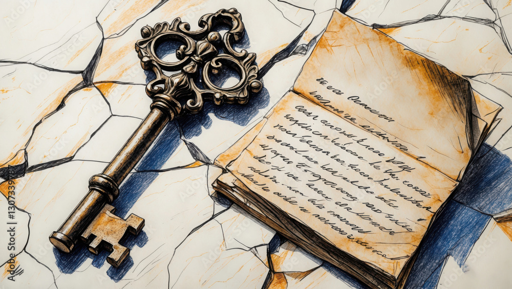 Decorative Key Rests On Old Book With Handwritten Text, Illustration On ...