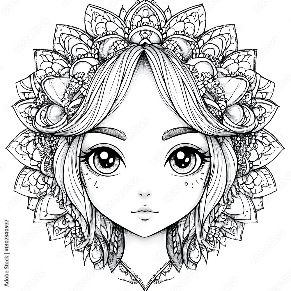 A highly detailed coloring page featuring a cute anime face with a ...