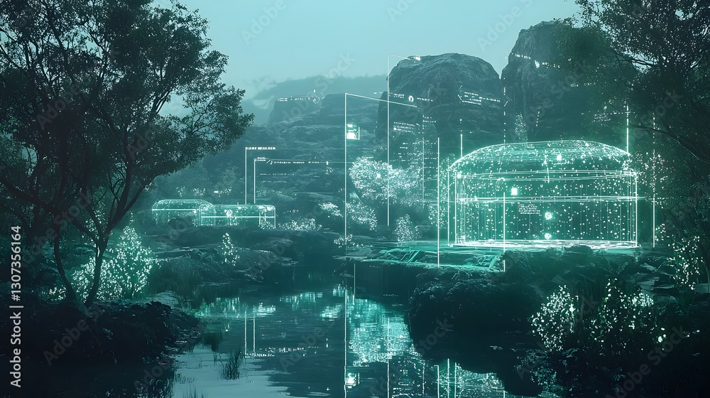 Glowing futuristic symbols and graphics representing the concept of ...