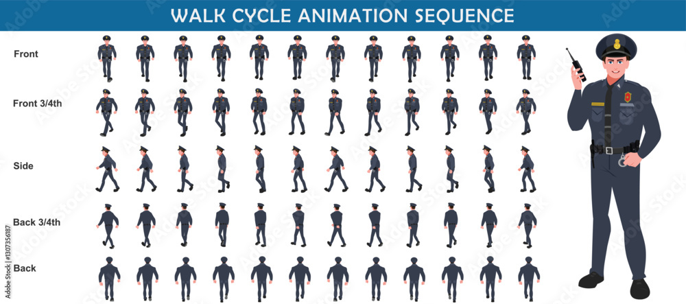 Police Officer Character walk cycle animation sequence. Front walk frame by frame animation ...