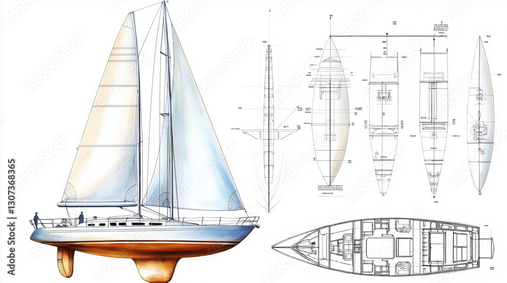 Sailing Yacht Blueprint: Detailed architectural blueprint of a sailing ...