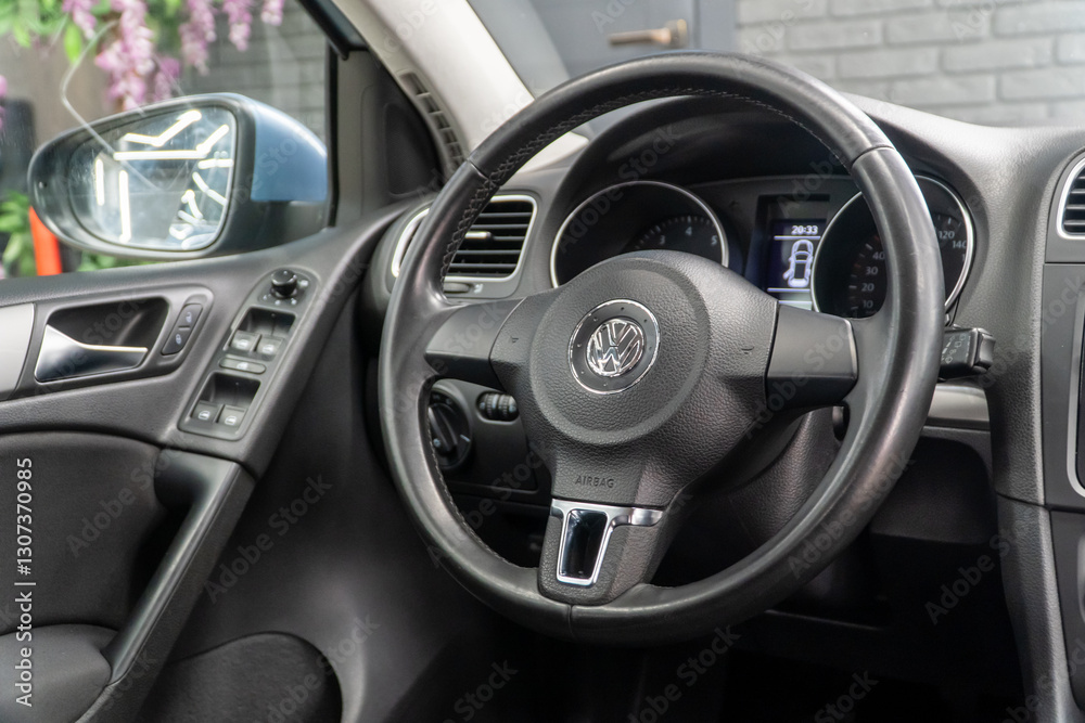 Volkswagen Golf 6 luxury car interior, steering wheel, dashboard, gear ...