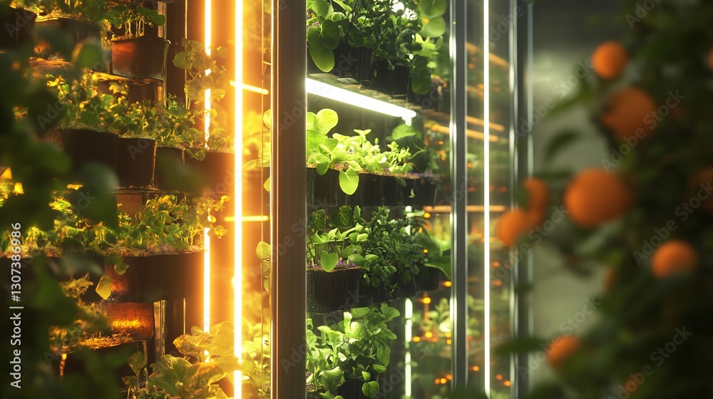 Futuristic vertical farm inside glass skyscraper glowing hydroponic ...
