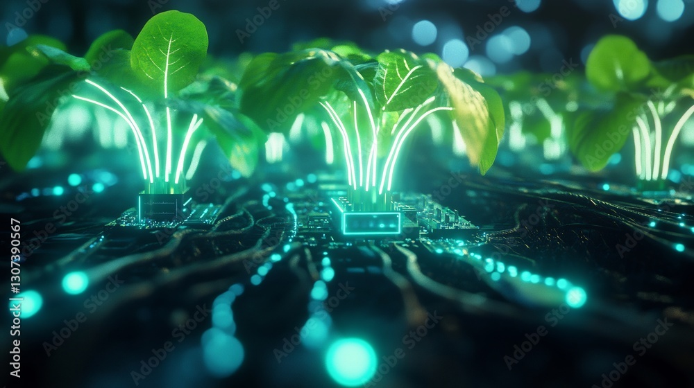 Neon circuit board merging seamlessly hydroponic plant root symbolizing ...