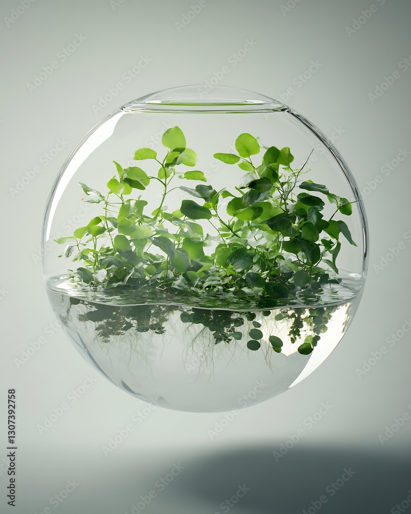 Transparent glass sphere filled hydroponic plant growing purified water ...
