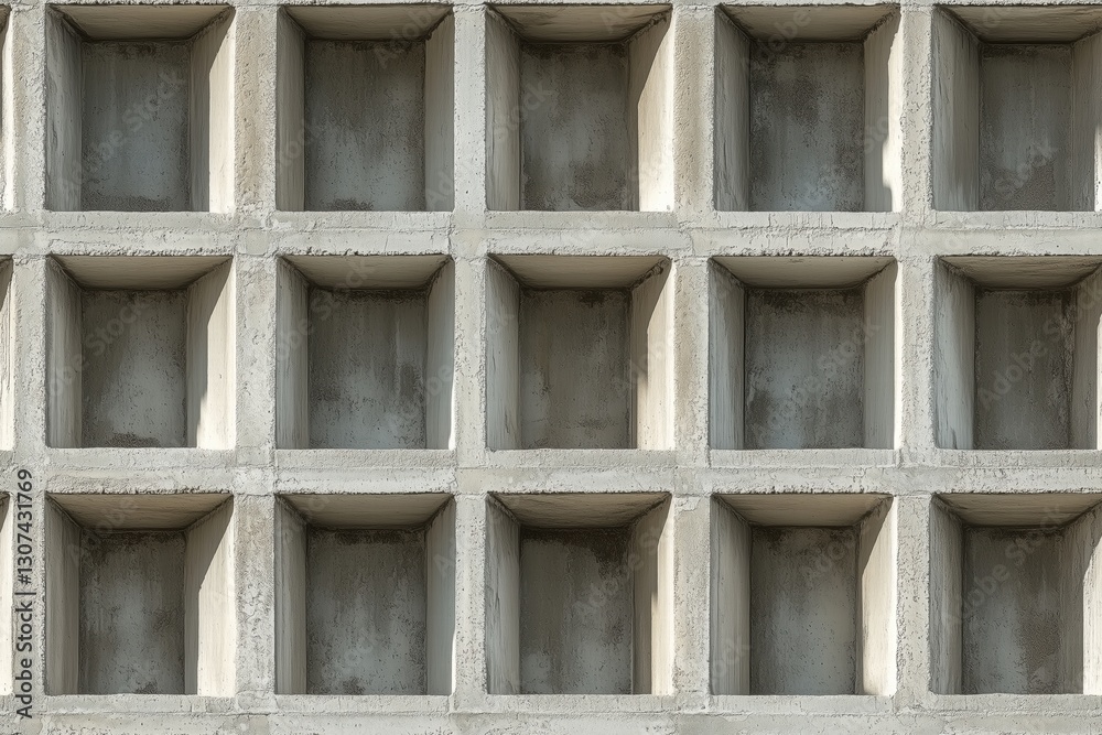 Seamless textured concrete wall featuring a grid of square recesses ...