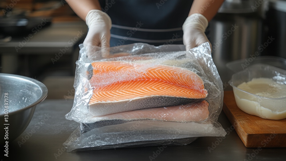 Gloved worker salts fresh salmon fillets at a fish factory. The fillets ...