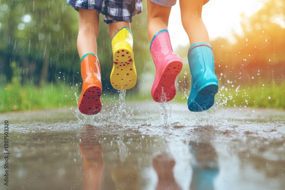 kids jumping in puddles under gentle rain their colorful boots ...