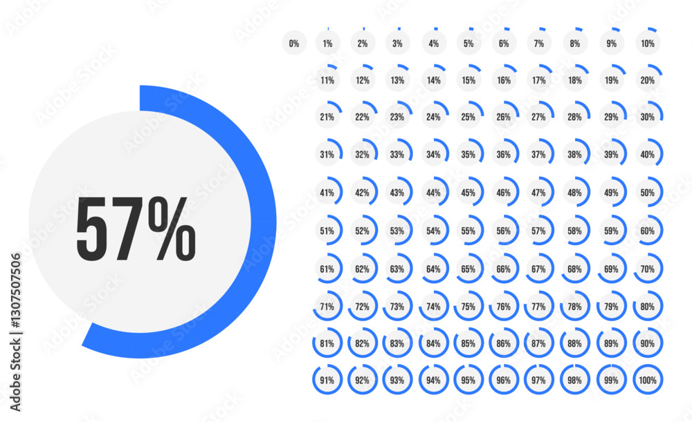 Circular percentage loading progress pie chart diagram infographic from 0 to 100 percent with ...