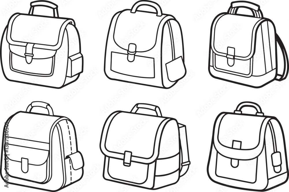 set of school bag line art, black outline, vector and illustration ...