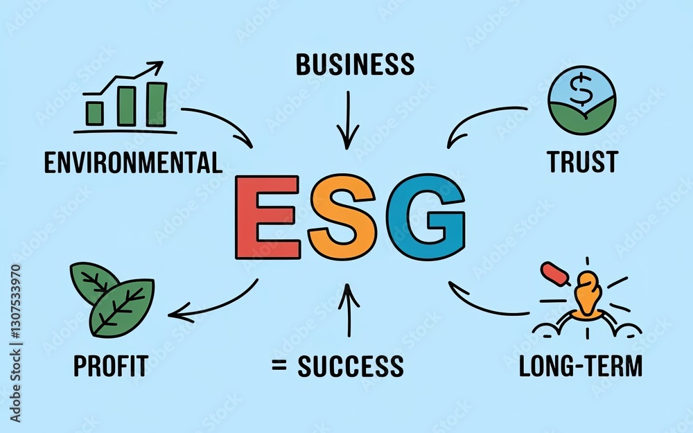 ESG Business Concept: A colorful diagram illustrates the core concepts ...