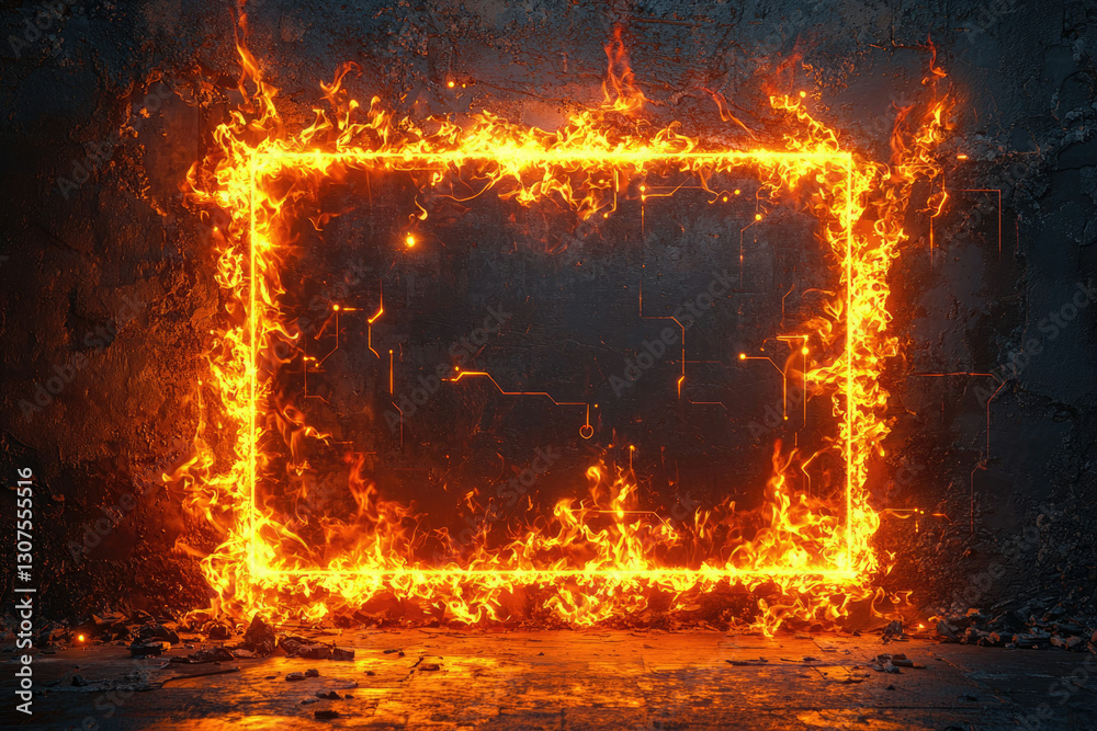Fiery rectangular frame engulfing a dark, textured wall, creating a ...