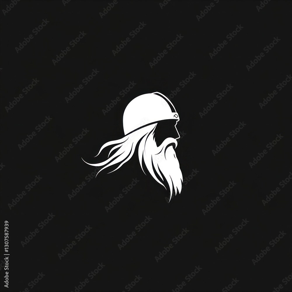 Viking with helmet, beard, hair blowing, side profile on black ...