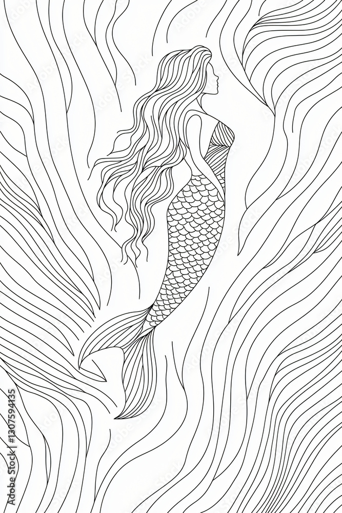 Blank coloring page of mythical mermaid illustration with intricate fin ...