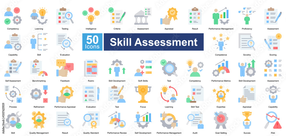 Skill Assessment icon set in flat style, featuring 50 icons of ...