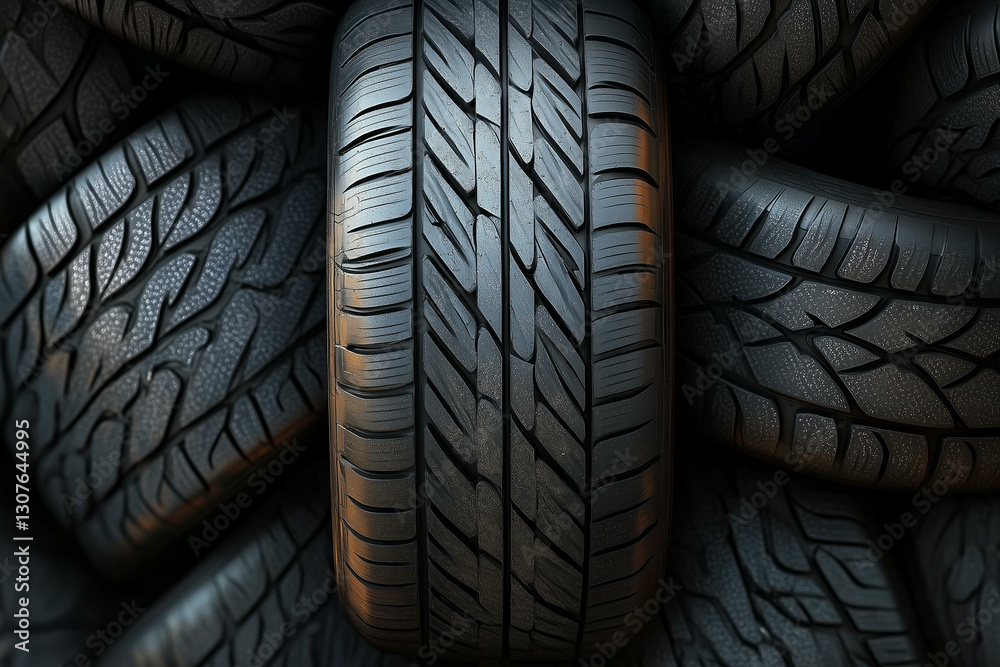 New car tire set. Automobile wheel with rubber tread, black tire for ...