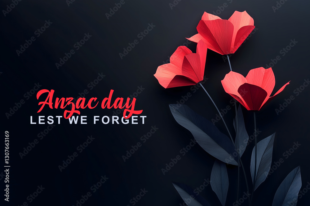 Anzac day, lest we forget. Paper red poppy flowers. Remembrance Day ...