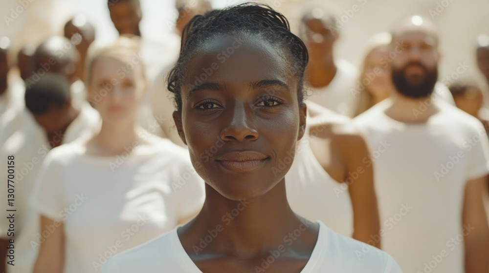 In a gesture of unity, a diverse group stands together, their warm ...