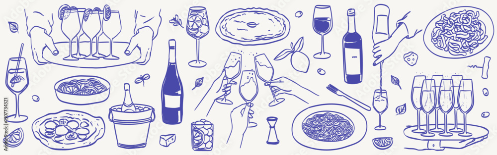 La dolce vita italian sicily style. Hand drawn ink line food and wine ...