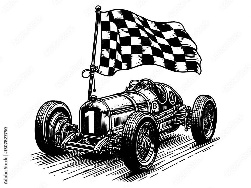 race car crossing the finish line, featuring a waving checkered flag ...